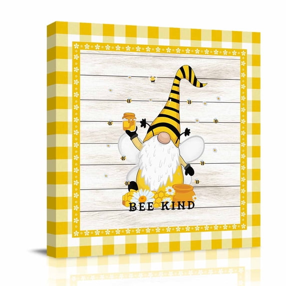 Bees Kind Gnome Canvas Wall Art for Living Room, Honey White Wood Grain ...