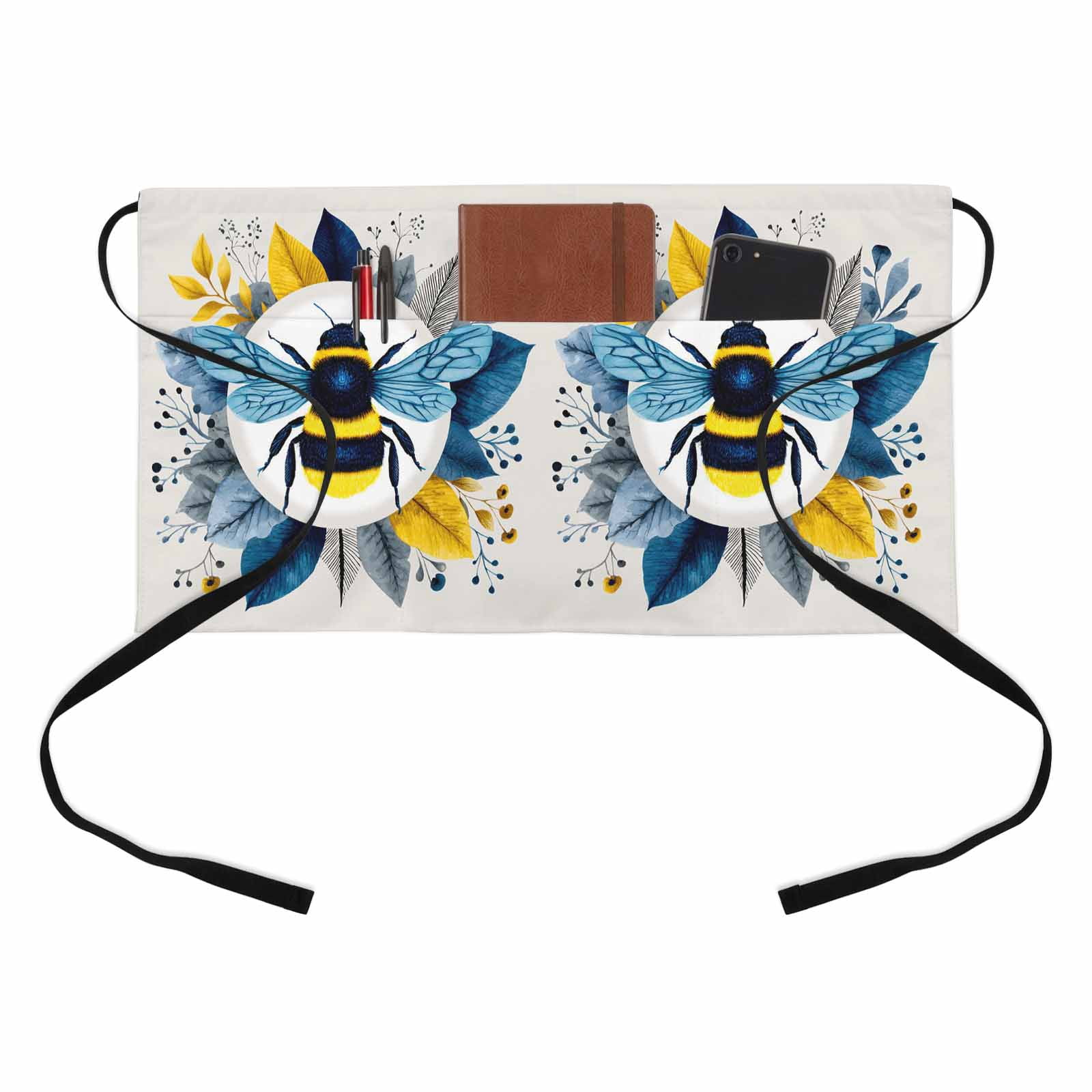 Bees Kitchen Restaurant Half Waist Apron, Gold Blue Leaves Plant Bee ...