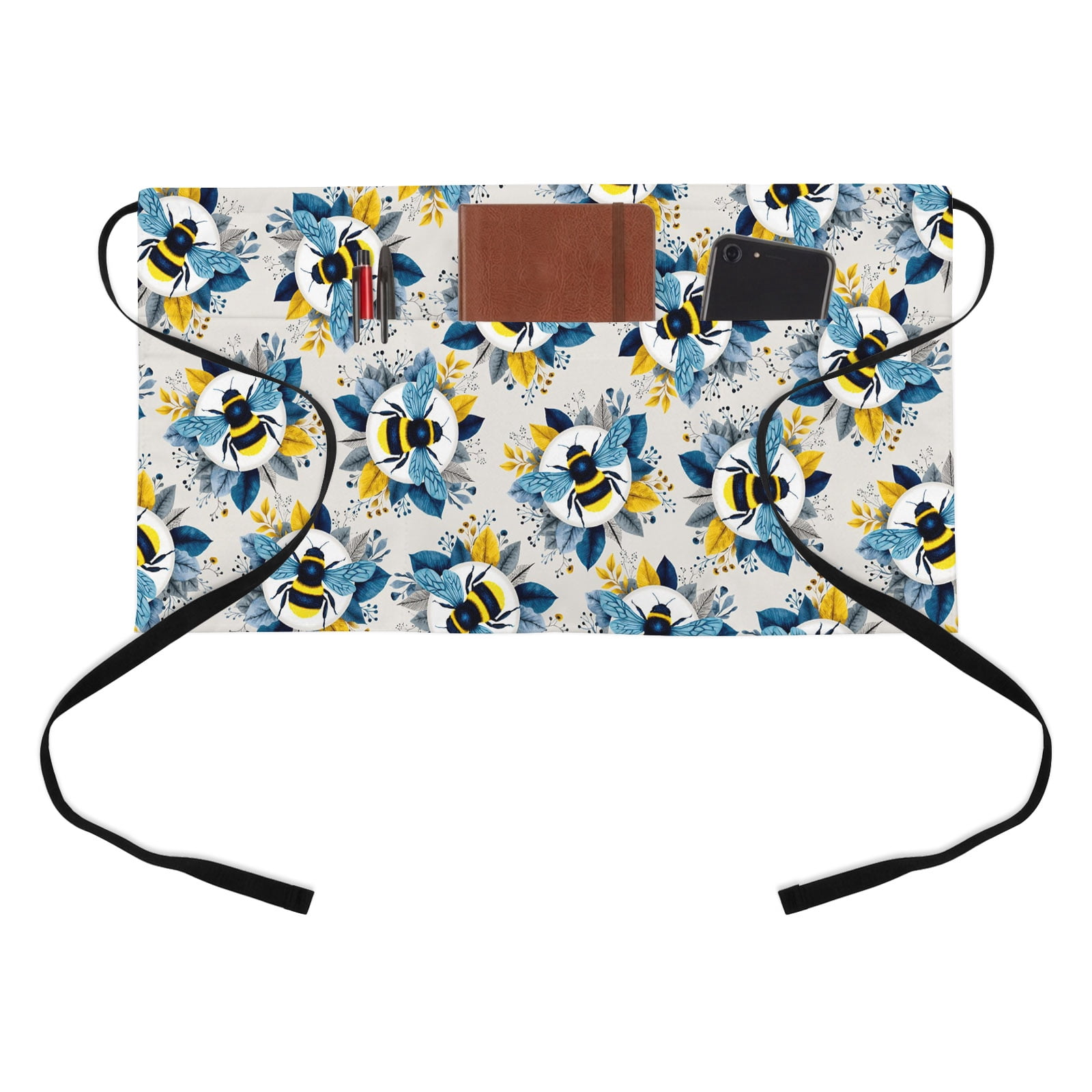 Bees Kitchen Restaurant Half Waist Apron, Yellow Blue Leaves Bee Beige ...