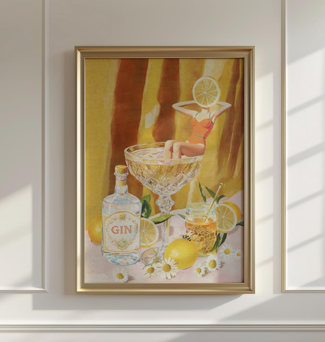 Bees Knees Cocktail Art Print, Vintage Gin Illustration For Preppy Bar ...