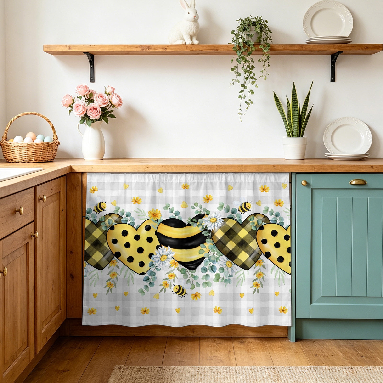 Bees Loves Cabinet Curtains 11" W x 13" L, Vintage Country Yellow Bee ...