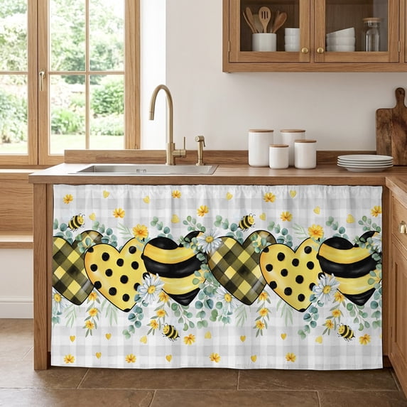 Bees Loves Cabinet Curtains 28" W x 51" L, Vintage Country Yellow Bee ...