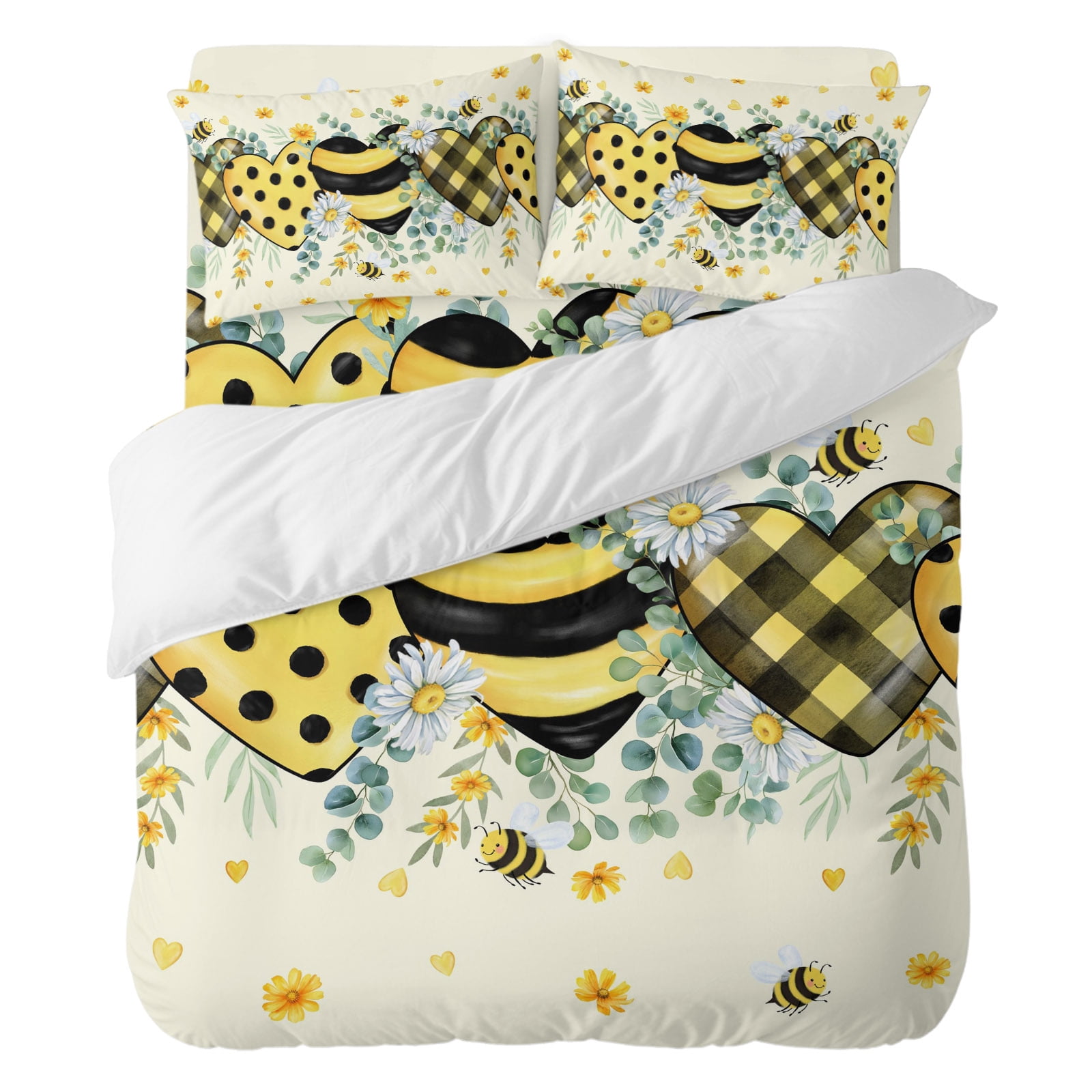 Bees Loves Comforter Set Queen Size, Vintage Country Yellow Bee Plaid ...