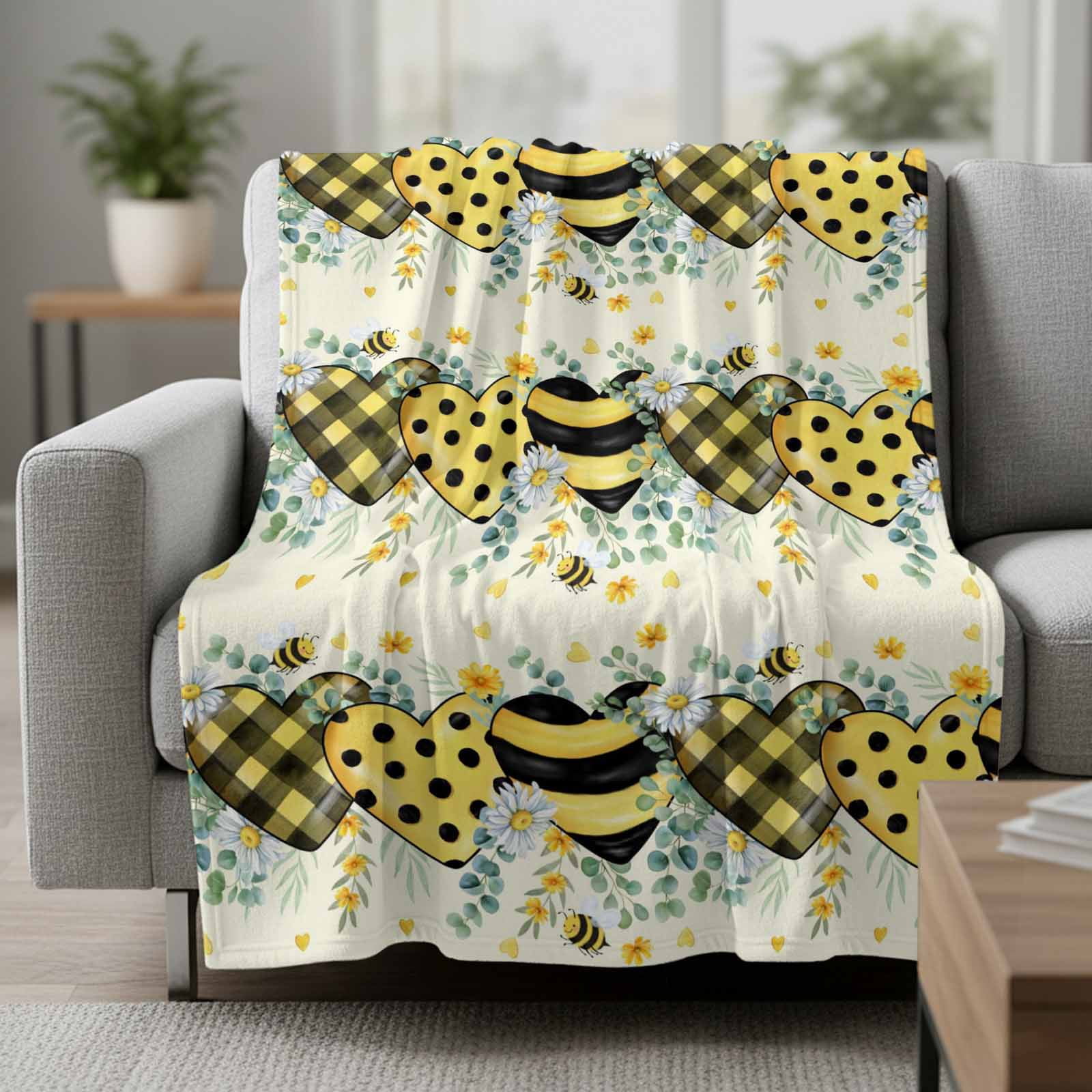 Bees Loves Fleece Throw Blanket Vintage Country Yellow Bee Plaid Dot ...