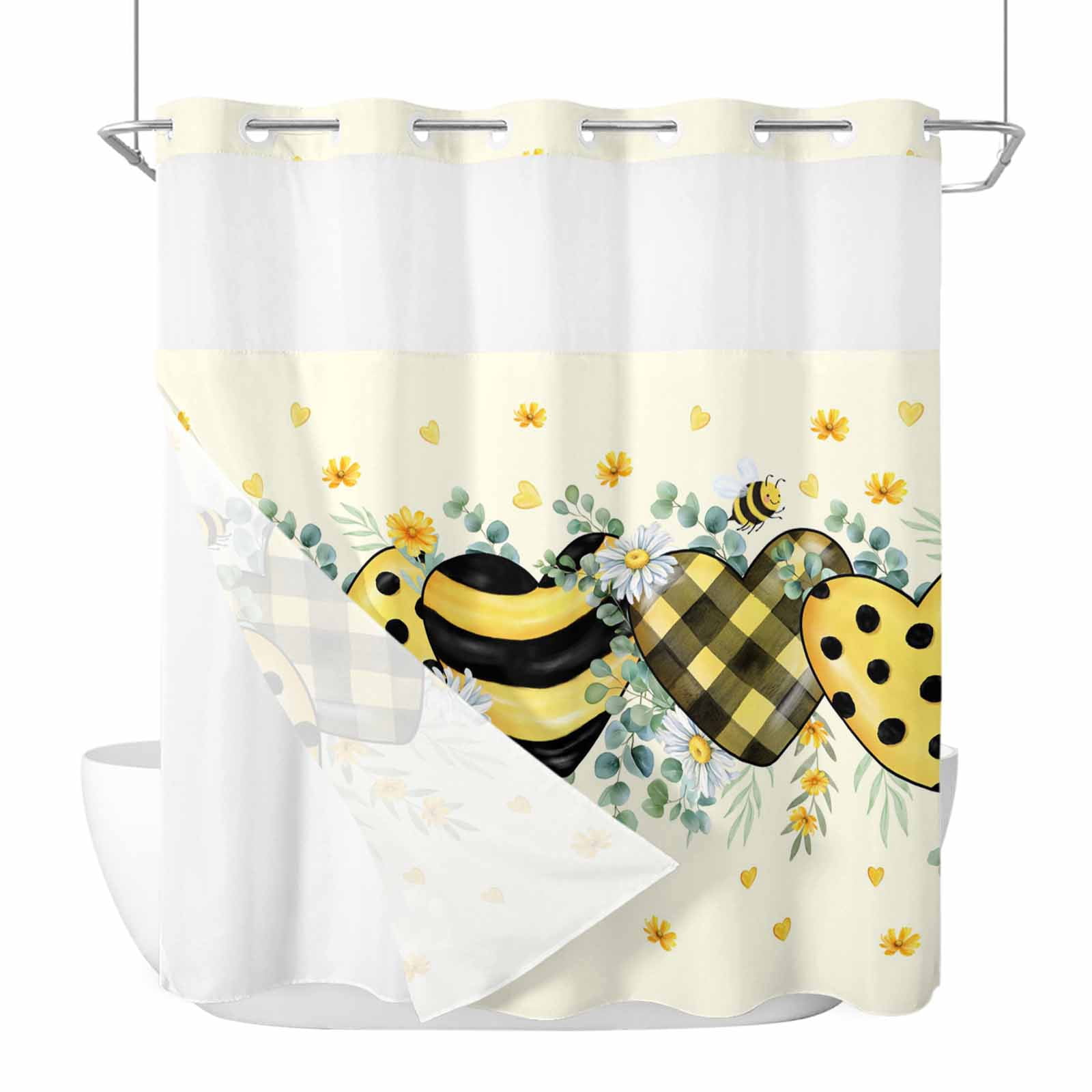 Bees Loves No Hooks Shower Curtain with Snap-in Liner Vintage Country ...