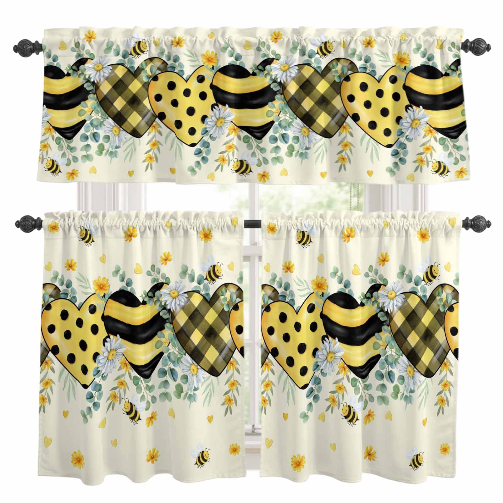 Bees Loves Kitchen Curtains Set for Windows, Vintage Country Yellow Bee ...