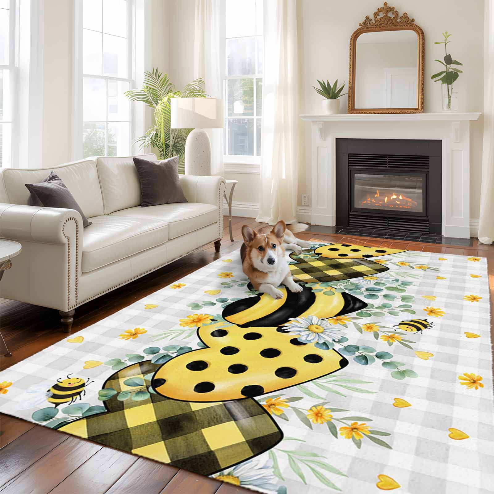 Bees Loves Large Area Rugs 6x9 ft Vintage Country Yellow Bee Plaid Dot ...