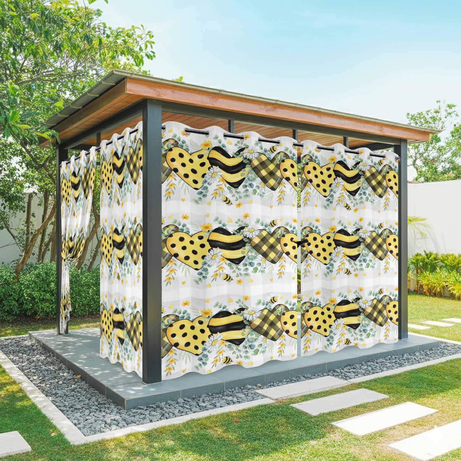 Bees Loves Outdoor Curtains for Patio, Vintage Country Yellow Bee Plaid ...