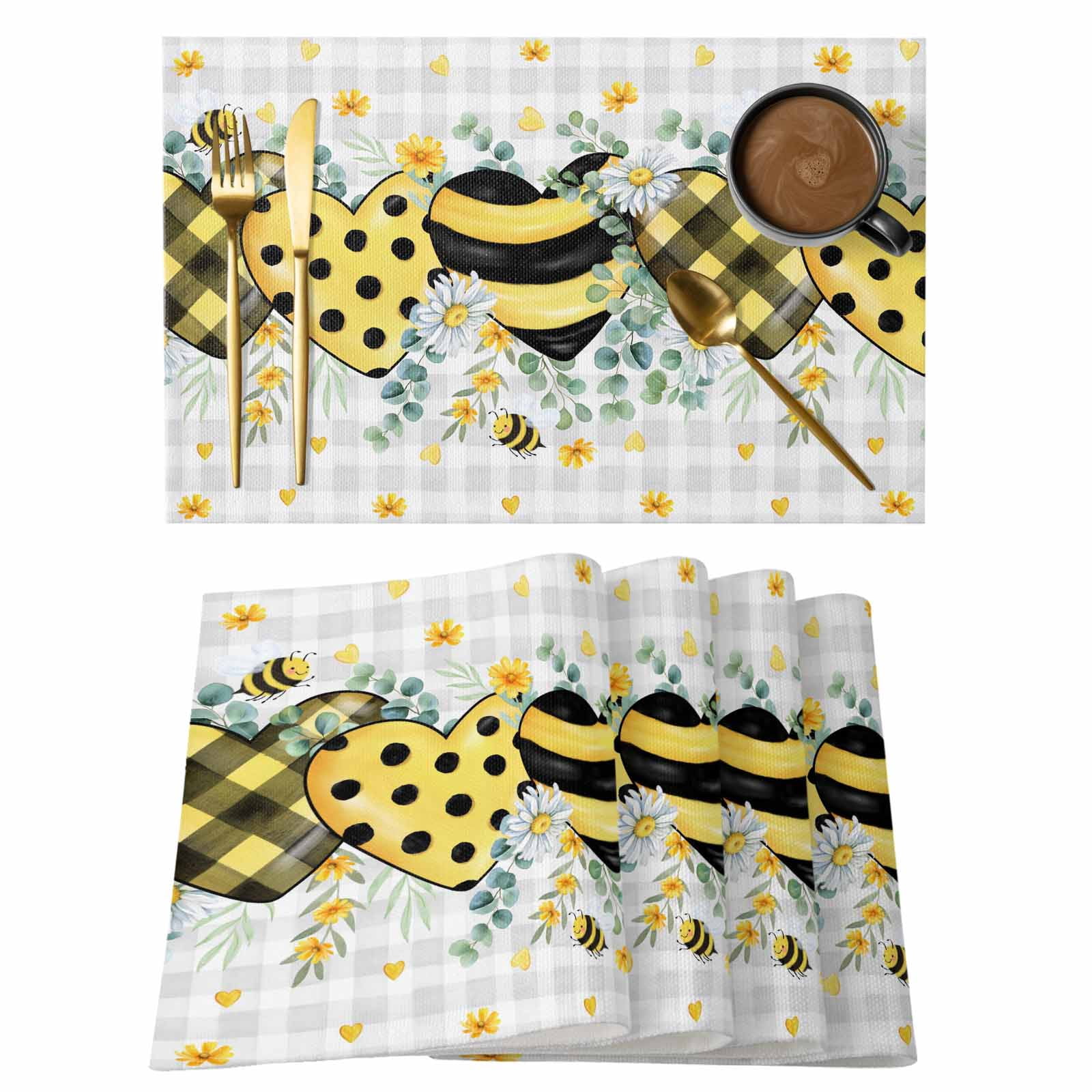 Bees Loves Placemats Set of 6 Vintage Country Yellow Bee Plaid Dot Love ...