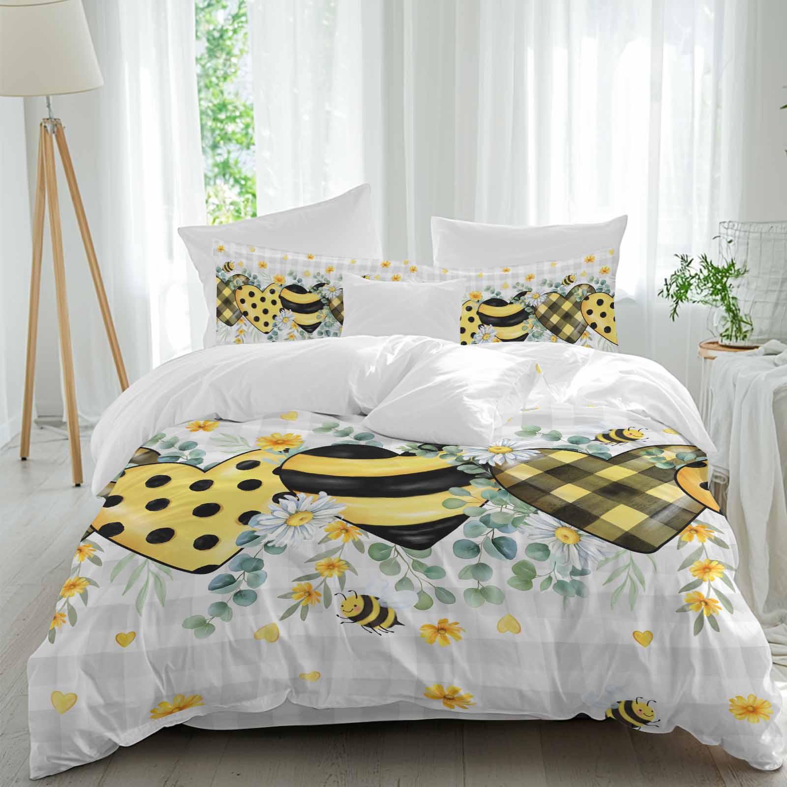 Bees Loves Queen Size Comforter Set, Vintage Country Yellow Bee Plaid ...