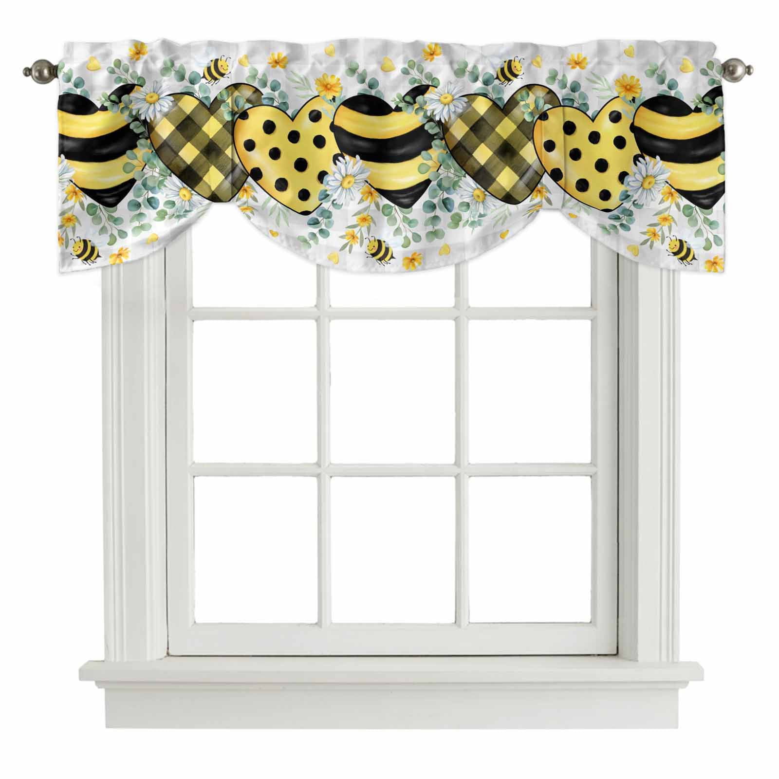 Bees Loves Tie Up Valance Curtains Vintage Country Yellow Bee Plaid Dot ...