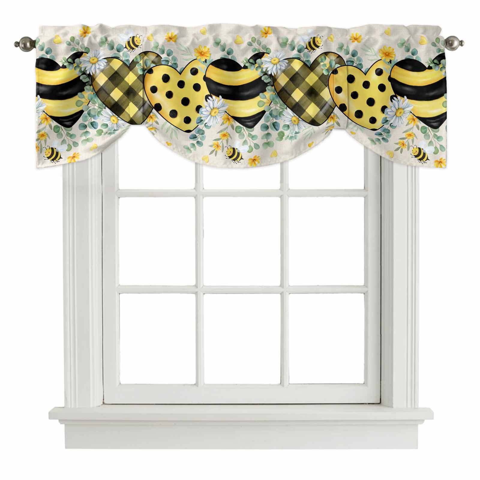 Bees Loves Tie Up Valance Curtains Vintage Country Yellow Bee Plaid Dot ...