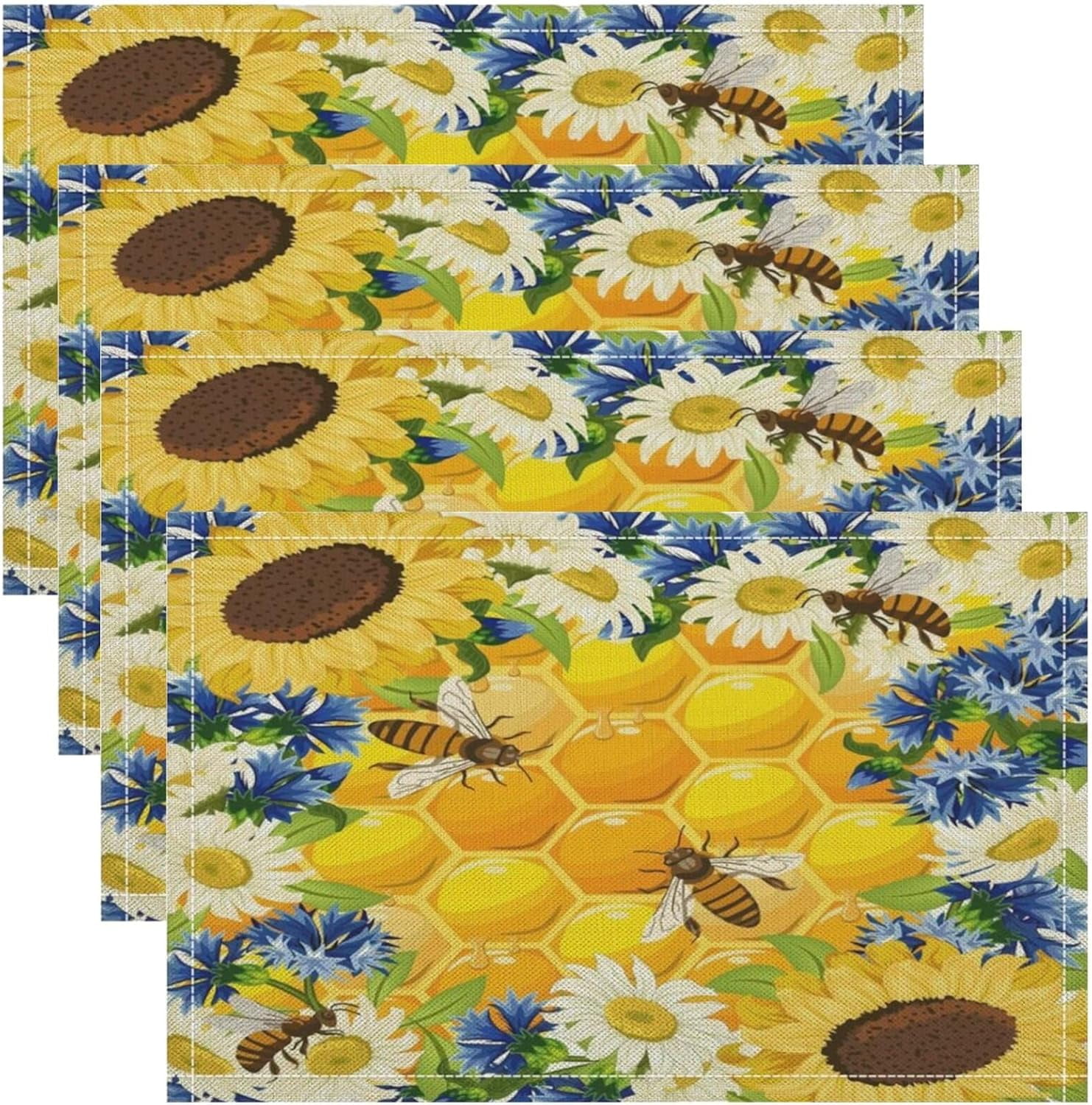 Bees Placemats Set of 4, 18x12 Inch Cartoon Cute Bees Sunflower Daisy ...