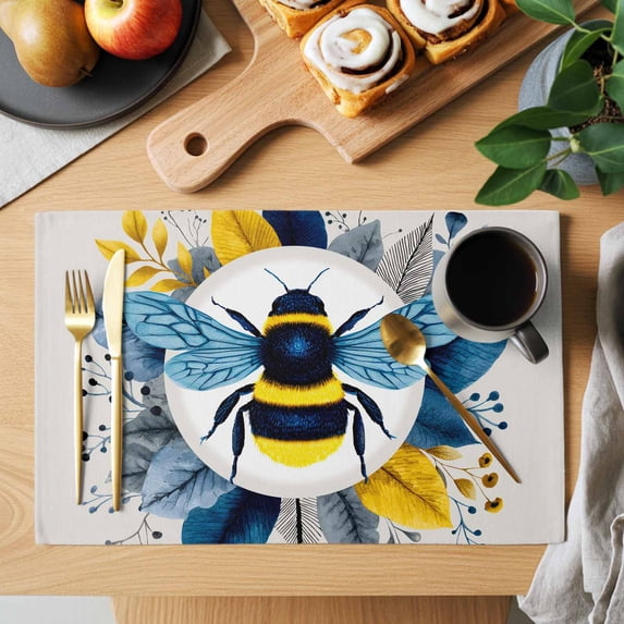 Bees Placemats Set of 8, Gold Blue Leaves Plant Bee Beige Texture Heat ...