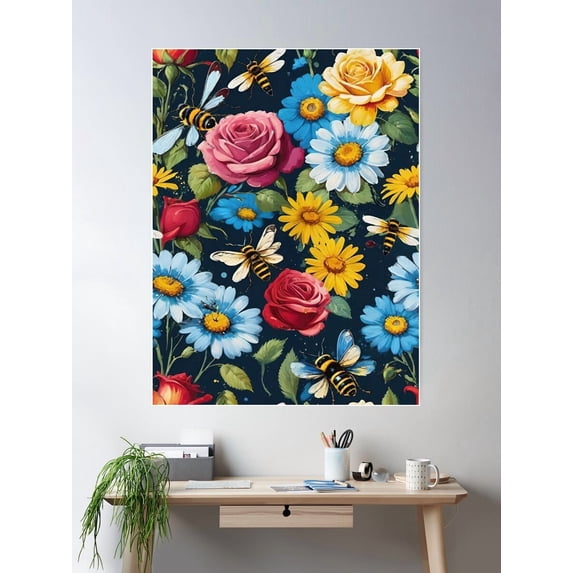 Bees Red Roses Blue Yellow Flowers Black Background Wall Art , Poster ...