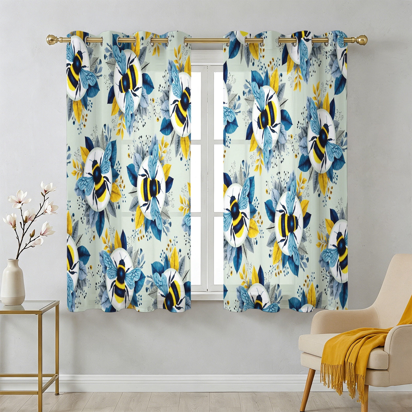 Bees Sheer Curtains 54 Inch Long 2 Panels, Yellow Blue Leaves Bee Green ...