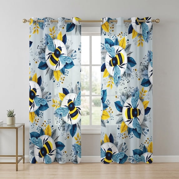 Bees Sheer Curtains 90 Inch Long 2 Panels, Yellow Blue Leaves Bee Blue ...