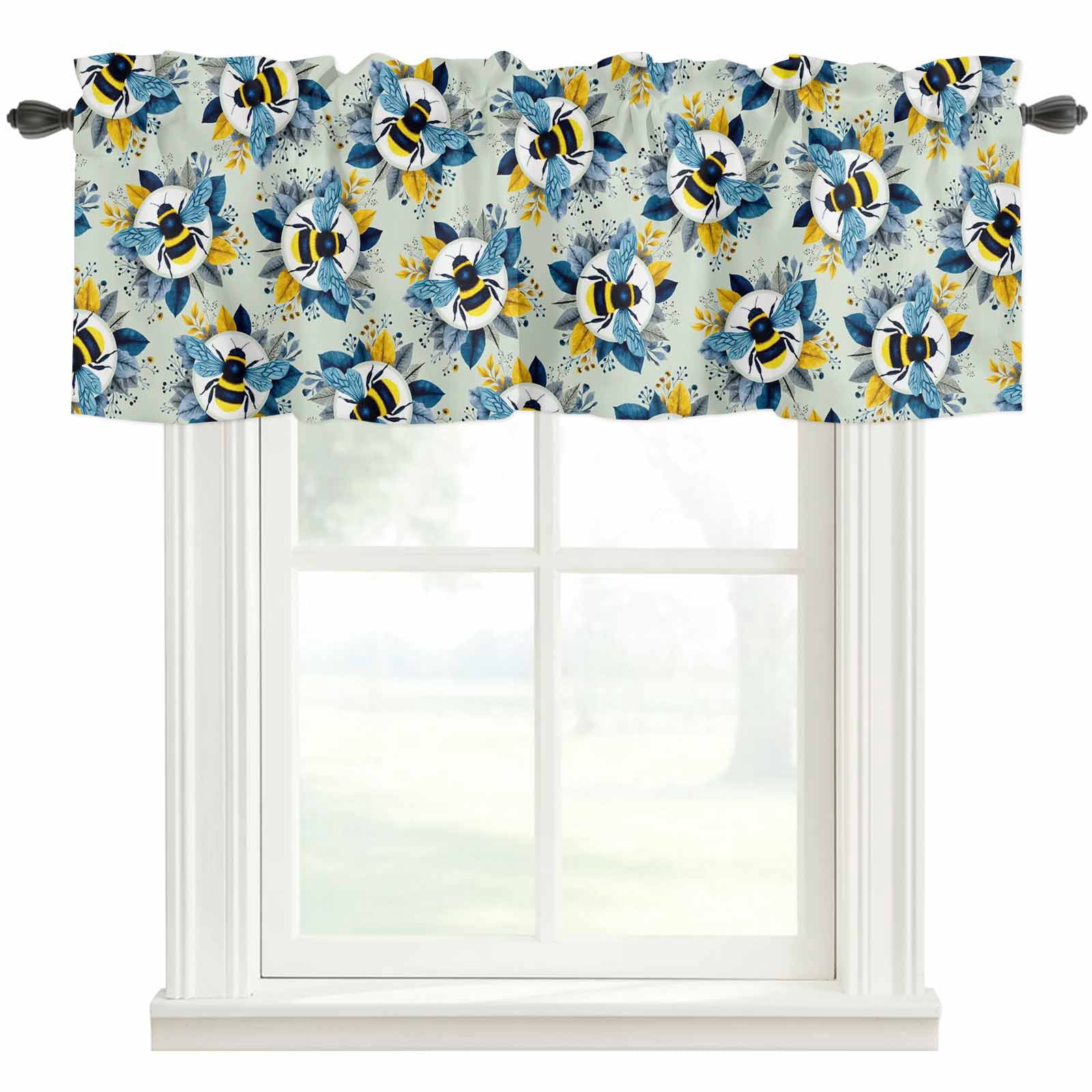 Bees Valances for Windows Yellow Blue Leaves Bee Green Texture Rod ...