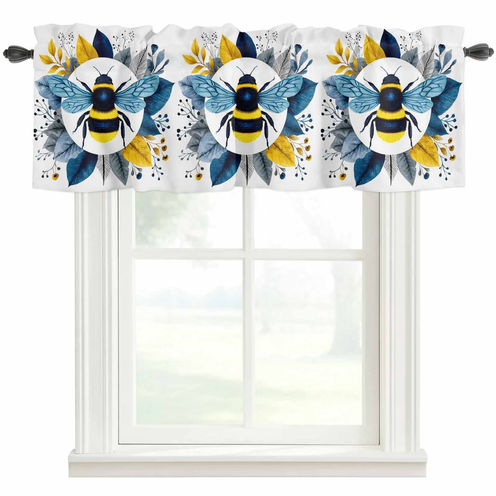 Bees Valances for Windows Gold Blue Leaves Plant Bee Rod Pocket Curtain ...