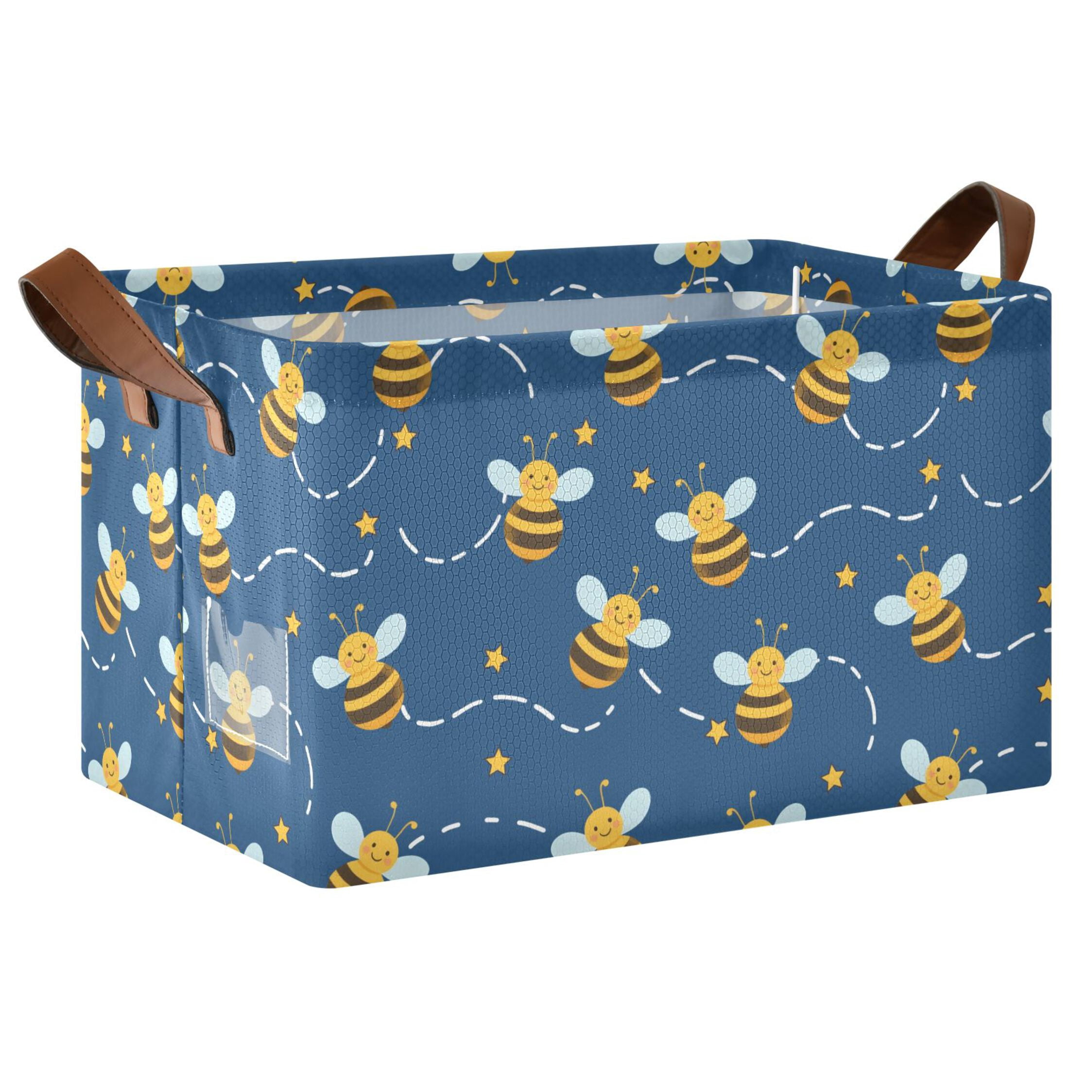 Bees White Dashed Stars Pattern Collapsible Storage Bin Open Home Shelf ...