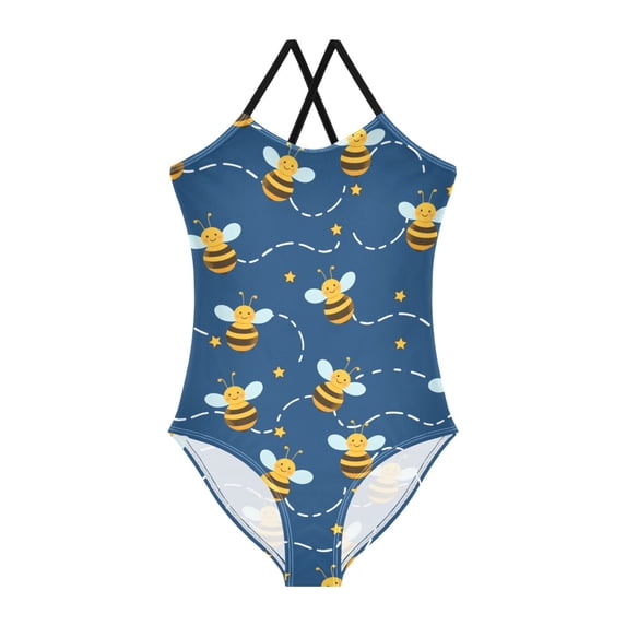 Bees White Dashed Stars Pattern Girls' One-Piece Swimwear 3T-10T Soft ...