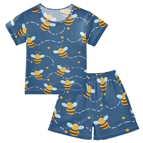 Bees White Dashed Stars Pattern Summer Pajama Set Soft Cotton Short ...