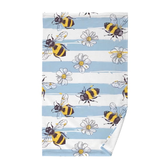 Bees White Flowers Blue and White Stripes Pattern Bath Towel 100% ...