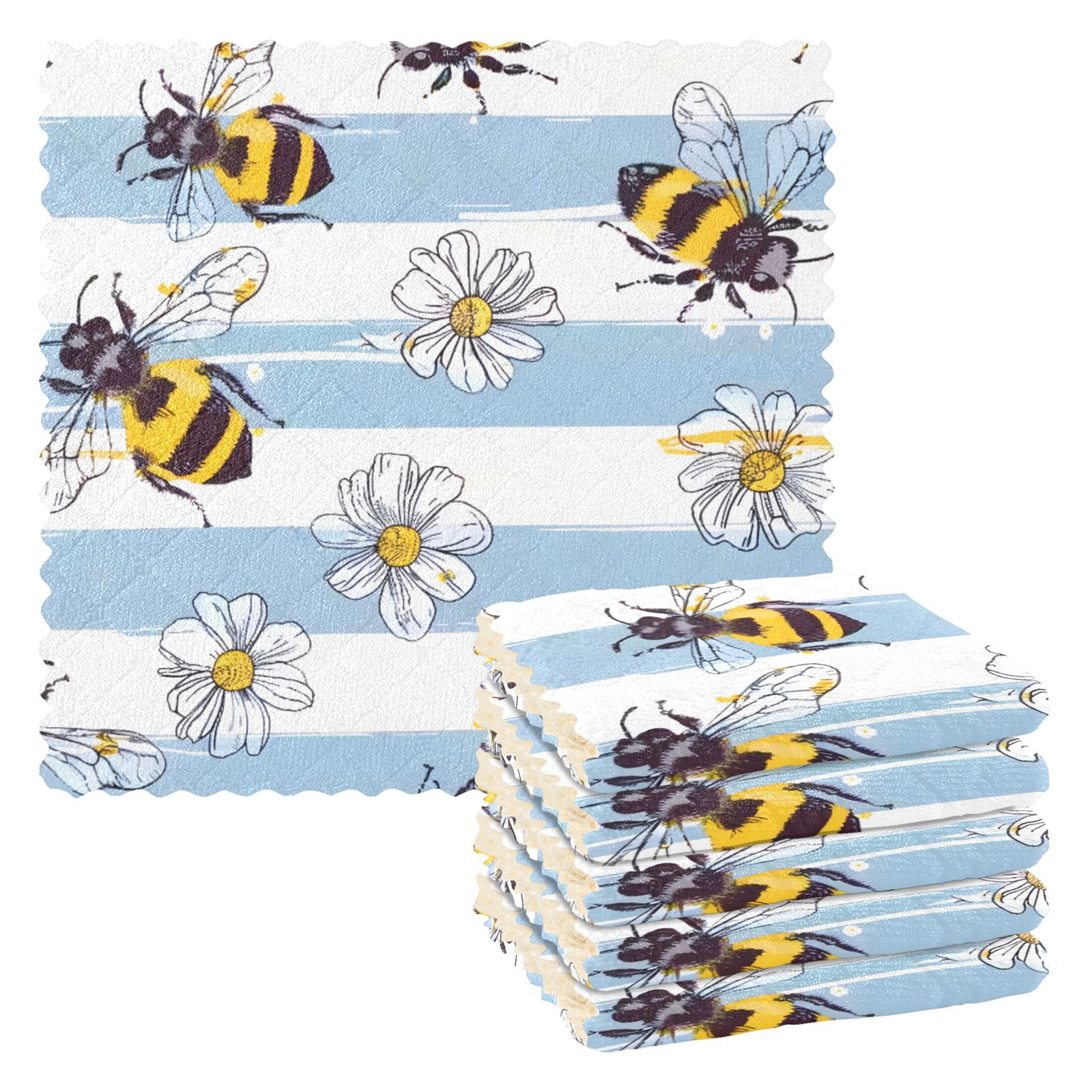 Bees White Flowers Blue and White Stripes Pattern Dish Towels 6 Pack ...