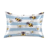 Bees White Flowers Blue and White Stripes Pattern King Size Satin ...
