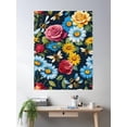 Bees With Red Roses And Blue And Yellow Flowers On A Black Background ...