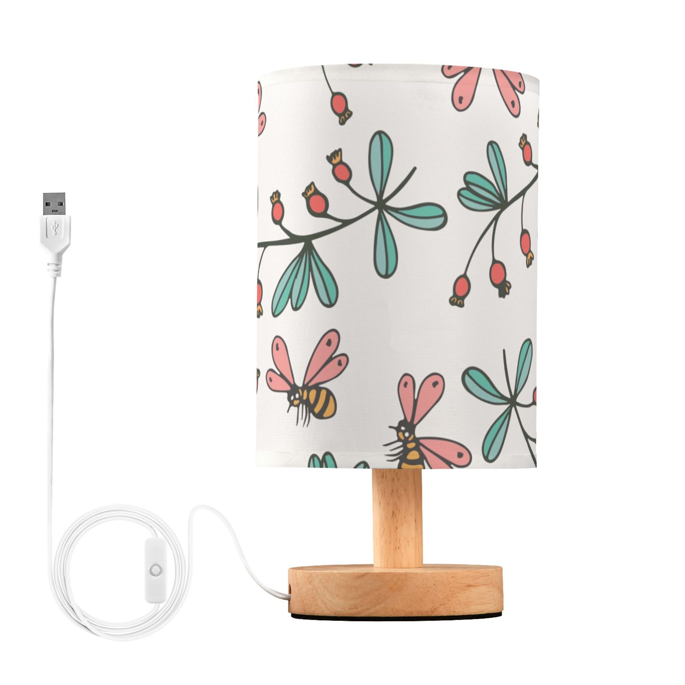 Bees and Flowers Bedside Table Lamp LED Warm Lights with USB Charging ...