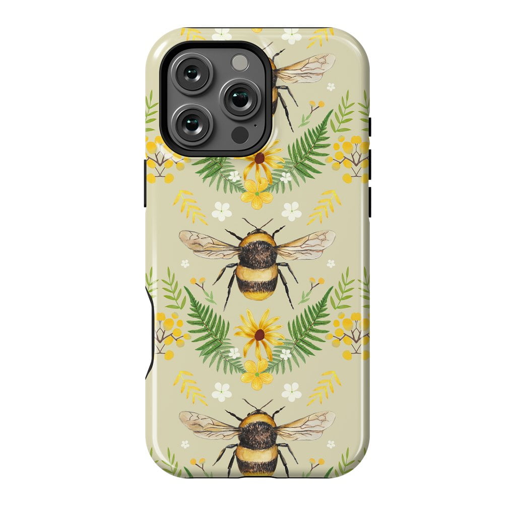 Bees and Flowers Cottagecore Bumble Bee Pattern Ferns Wild Flowers ...