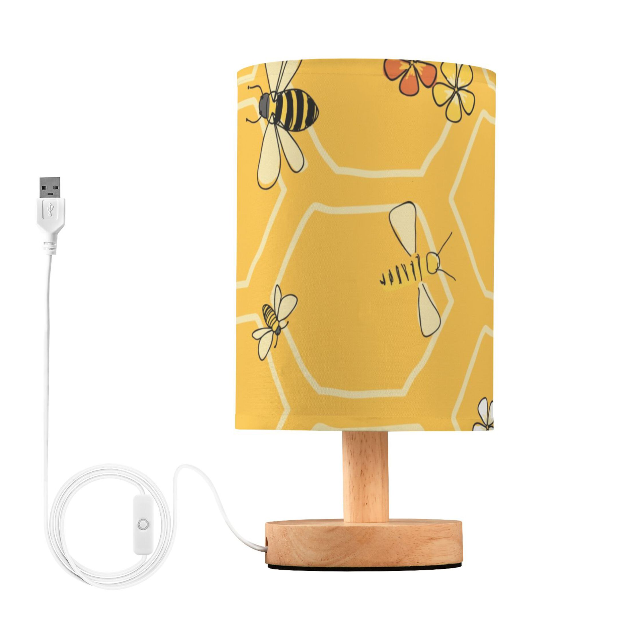 Bees and Flowers Pattern Bedside Table Lamp LED Warm Lights with USB ...