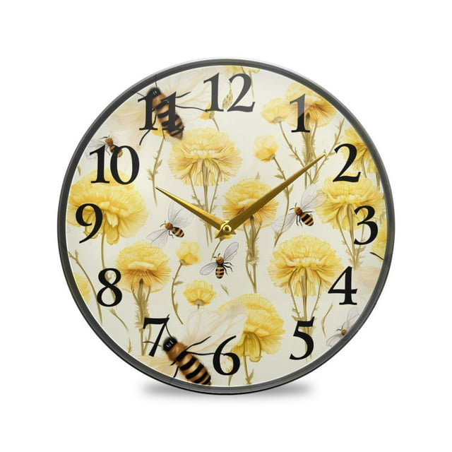 Bees and Flowers Wall Clocks Battery Operated 11.9 Inch Round Clock Acrylic Silent Non-Ticking ...