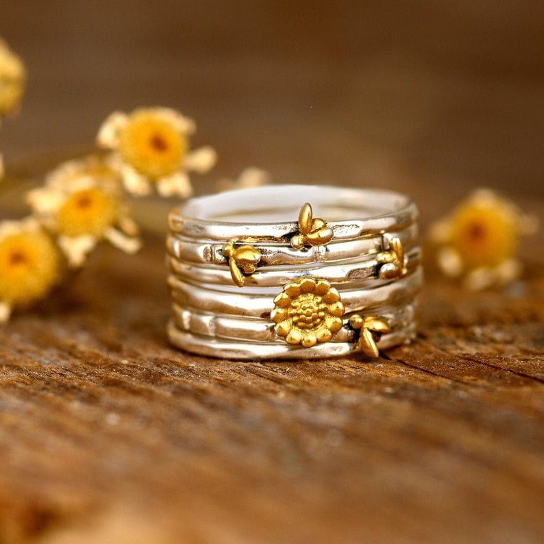 Bees and Sunflower Ring, Stacking Ring Set, Sterling Silver Rings for ...