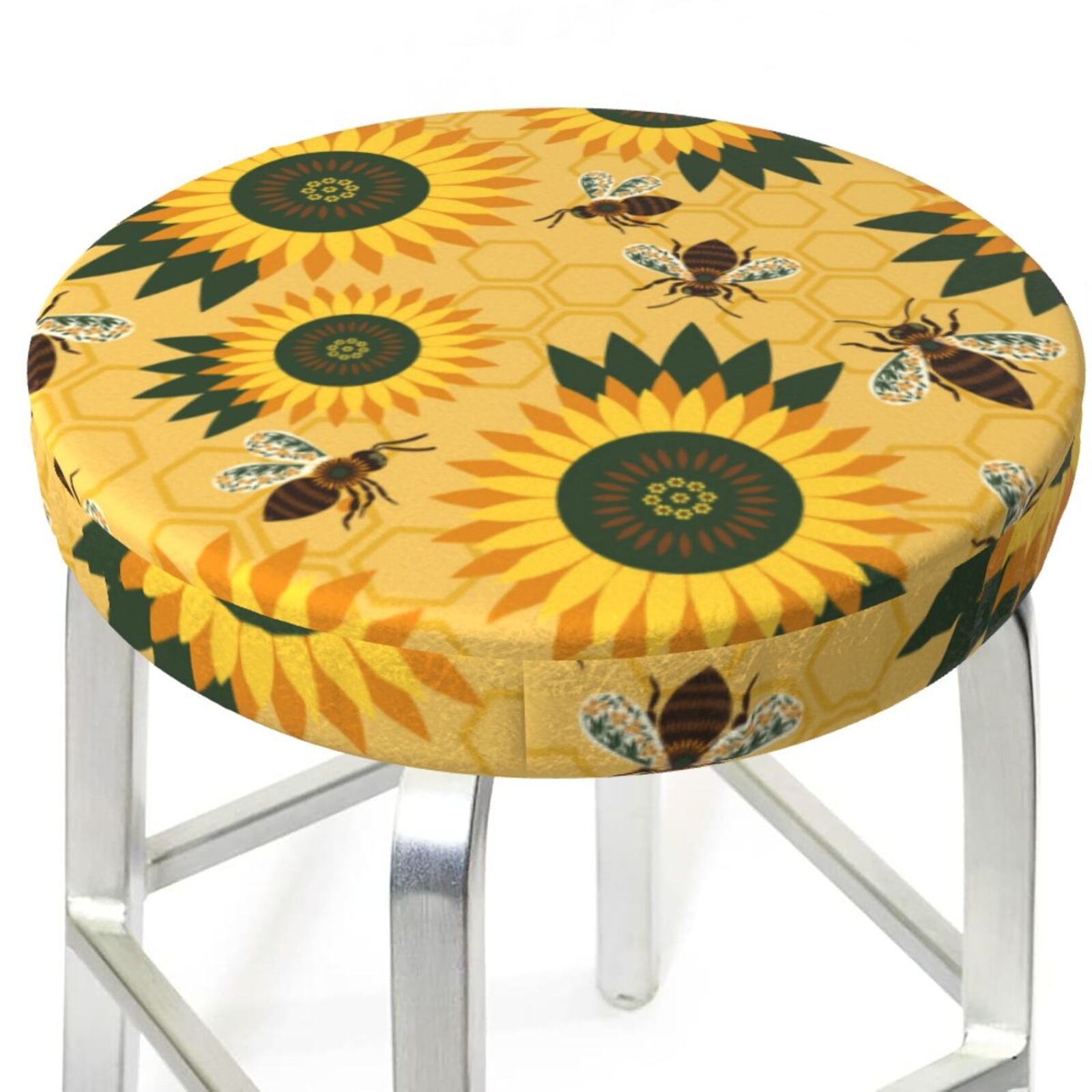 Bees and Sunflowers A Round Bar Stool Seat Covers, Elastic Round Chair ...