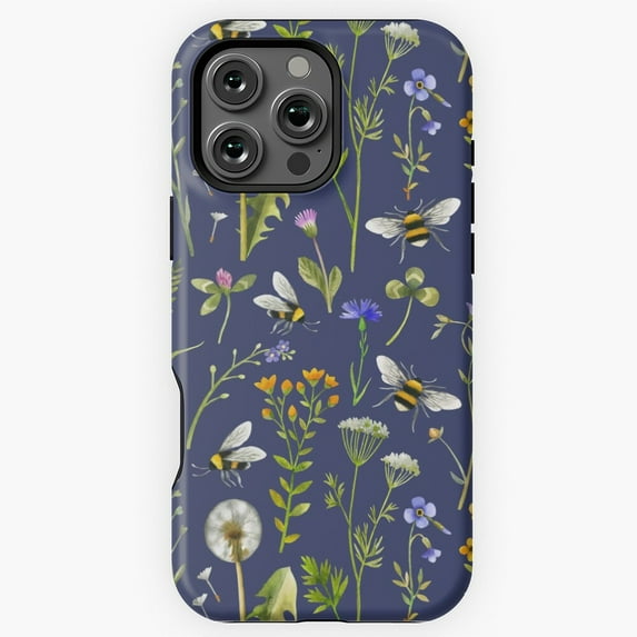 Bees and Wildflowers Dark Blue Phone Case for iPhone 16 15 14 13 12 11 ...