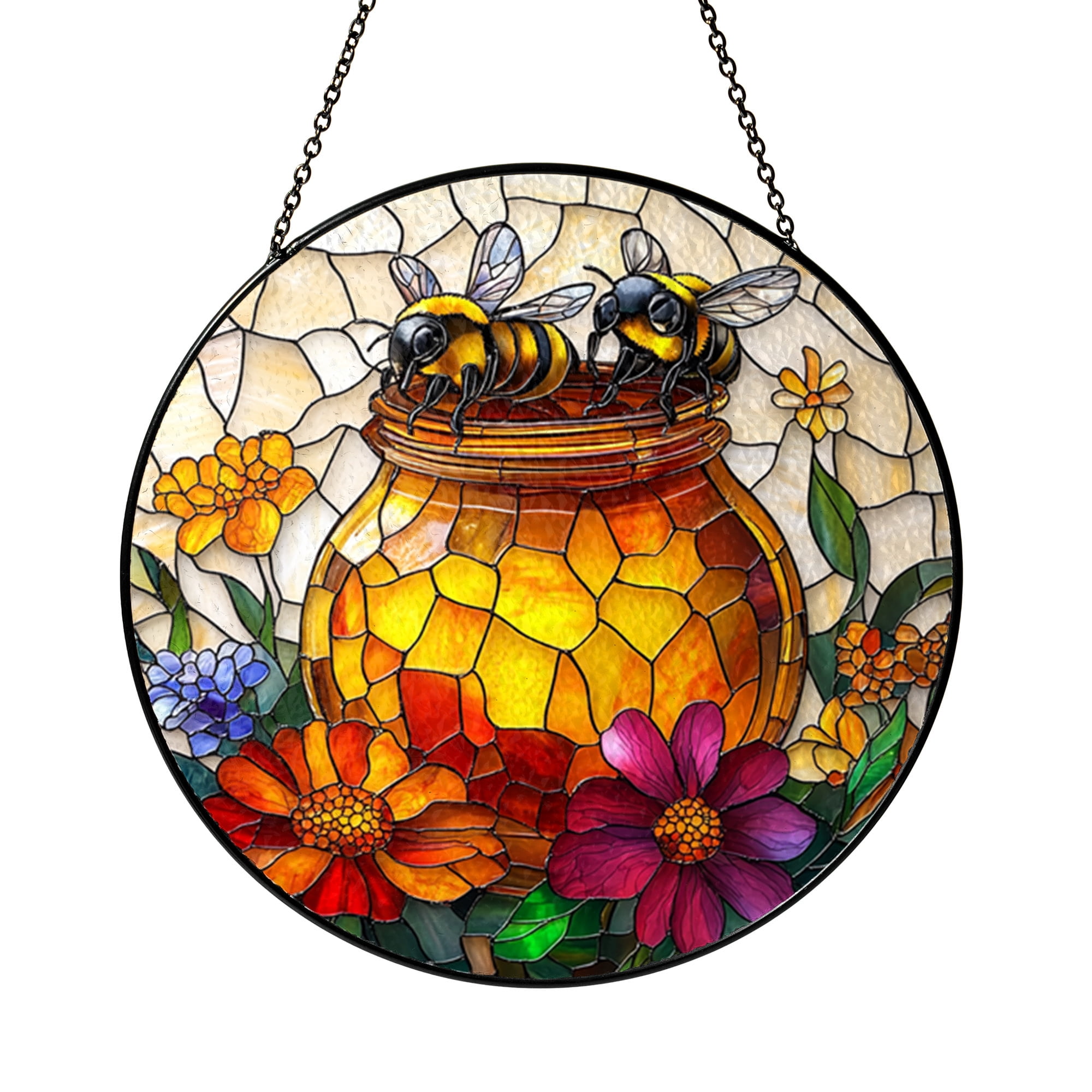 Bees and honey jar window suncatcher, cheerful stained style decor for ...