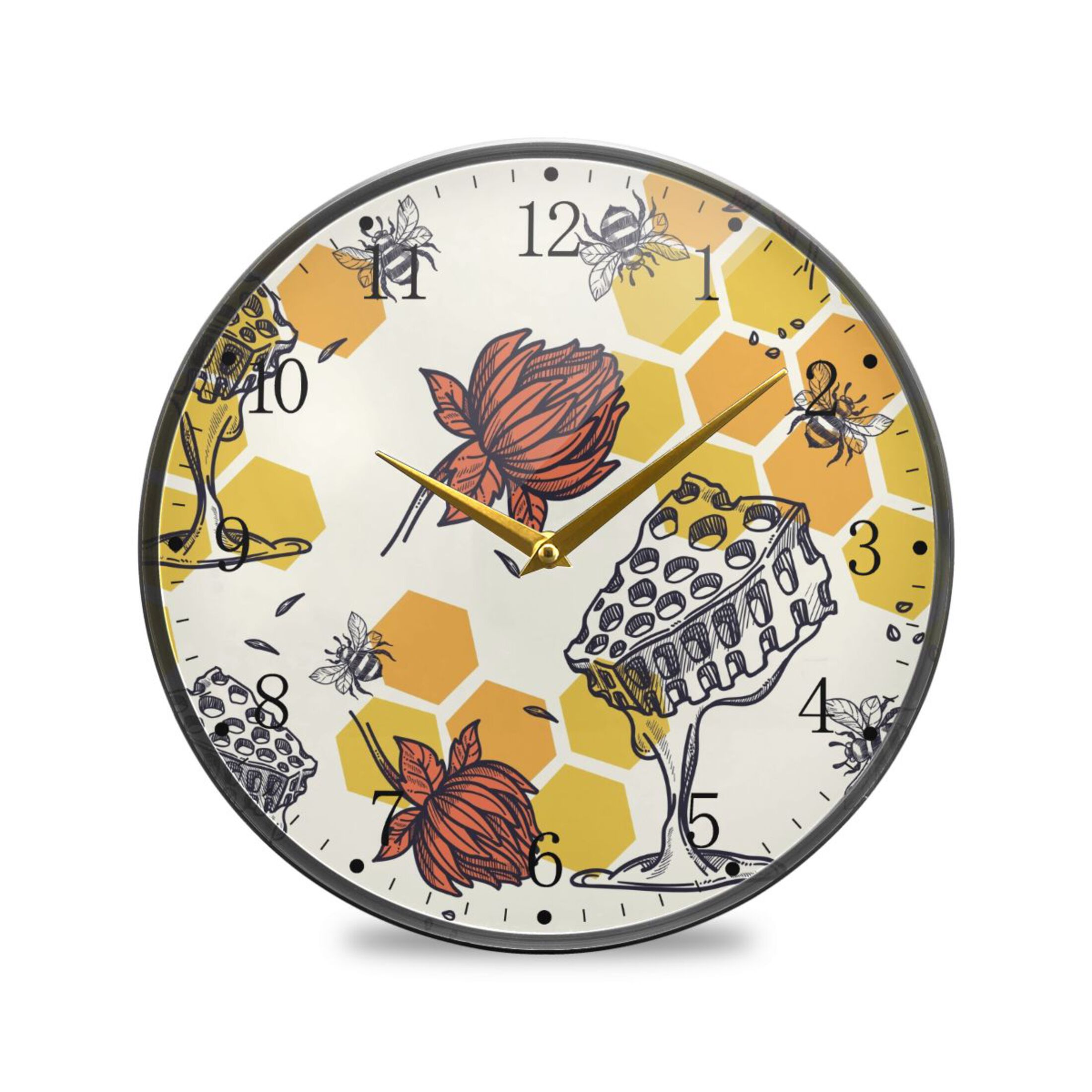 Bees with Flowers Acrylic Wall Clocks Quiet Round Clock Battery ...