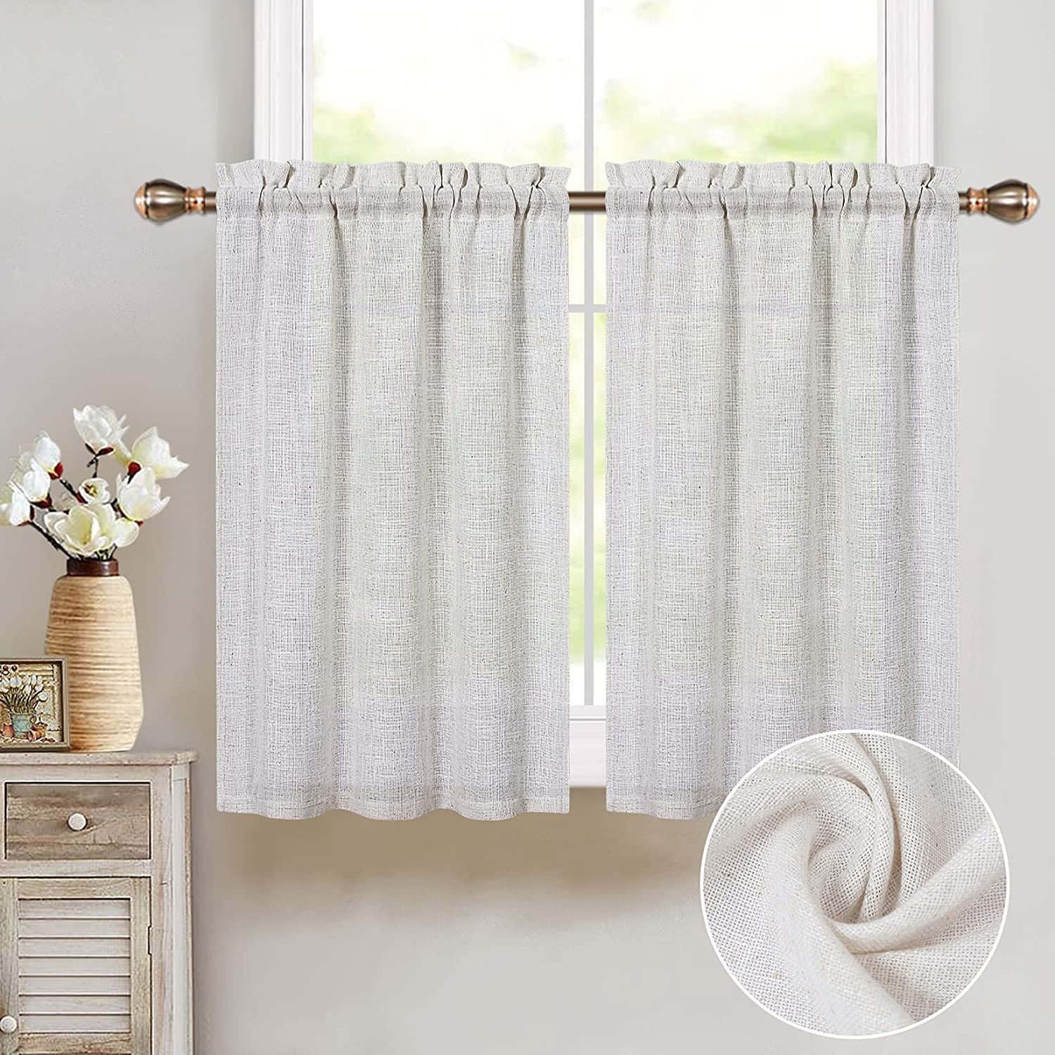 BeesClover Linen Textured Kitchen Curtains Semi Sheer Short Curtains ...