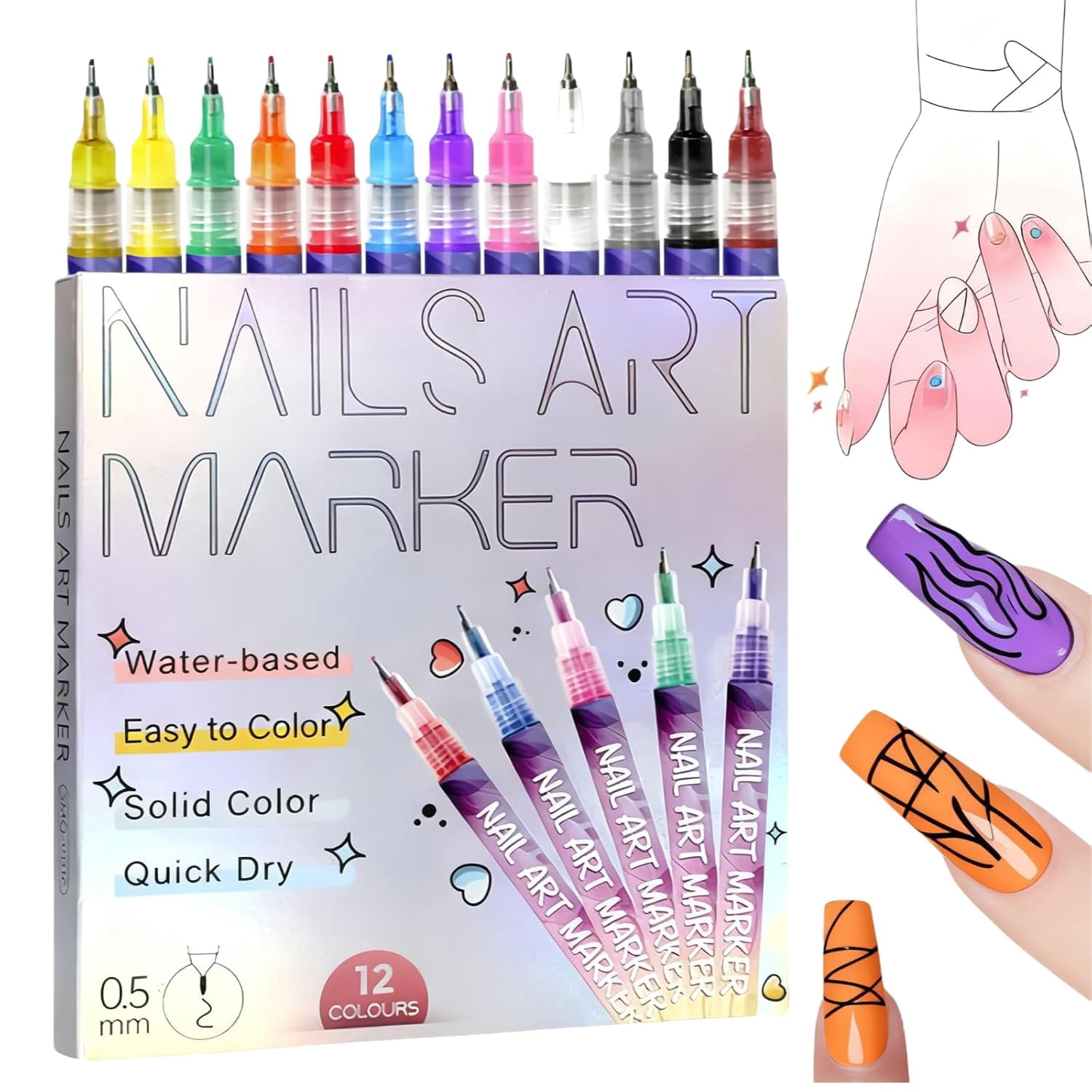 Beeswan 12 Colors Nail Art Pens Set, 2025 New 3D Nail Art Markers ...