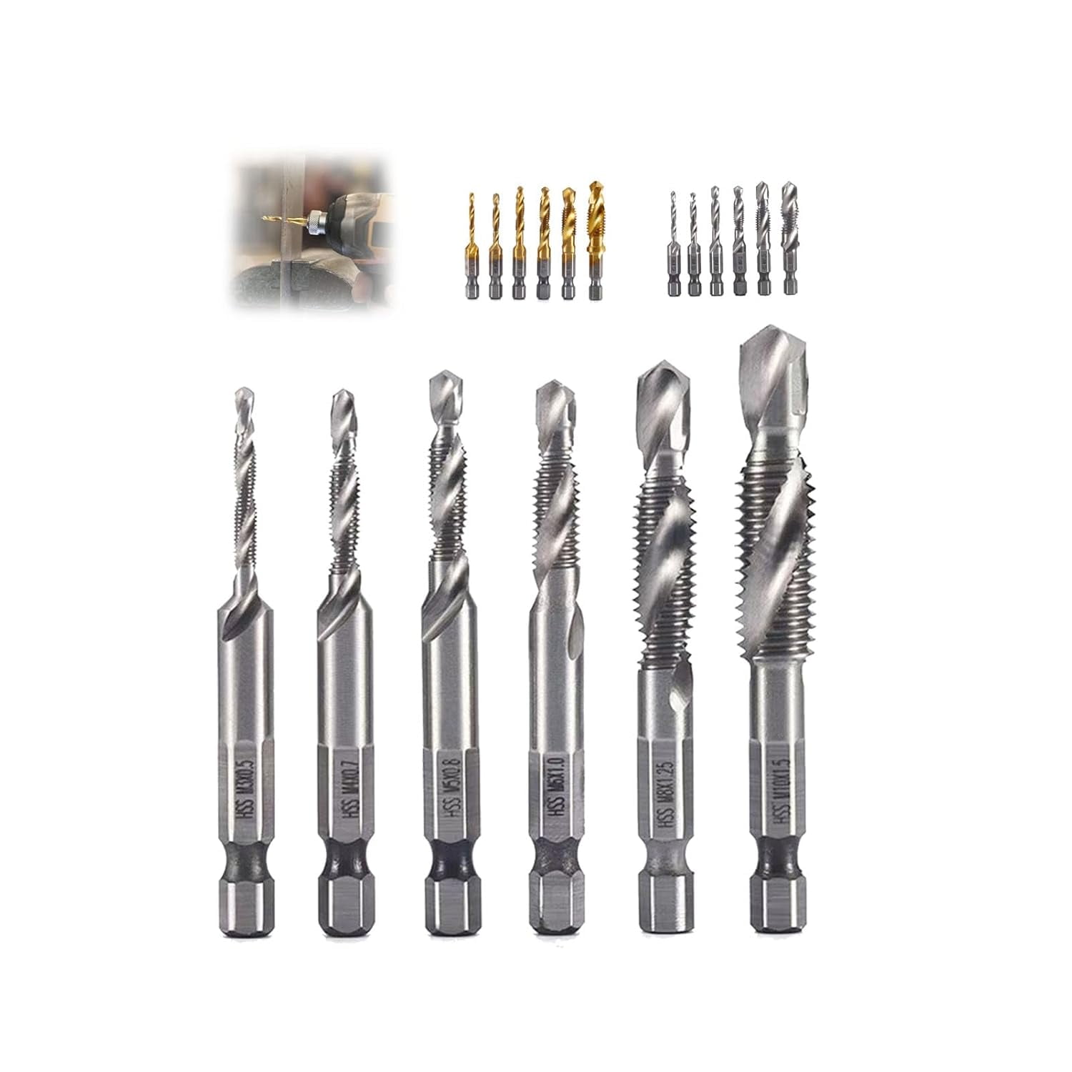 Beeswan 3 in 1 Spiral Tap Hex Shank Drill Bit Set, 6-Piece Metric ...