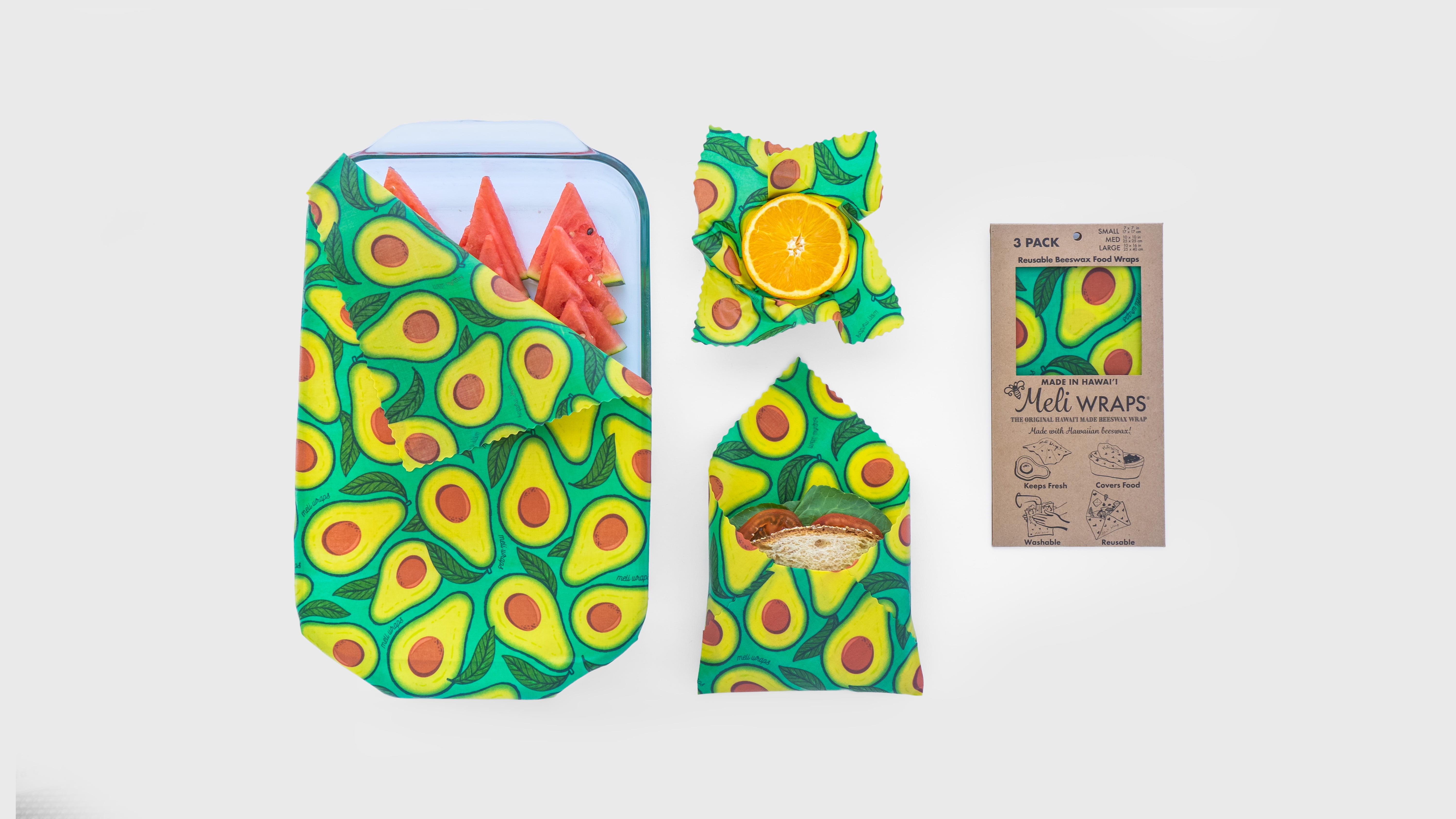 Beeswax Food Wrap - Avocado Print 3 Pack 7"x7", 10"x10" & 10"x16 ...