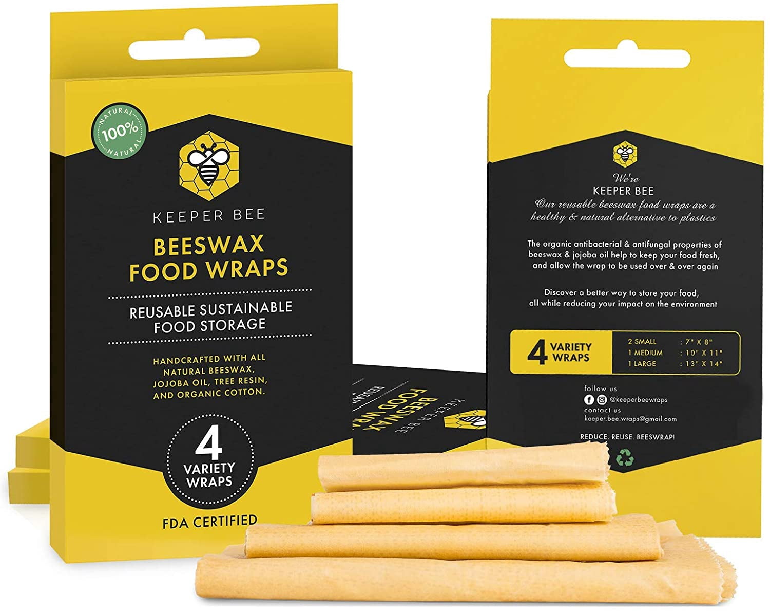 Beeswax Food Wraps 4 Pack by Keeper Bee, All Natural, Organic, Eco ...