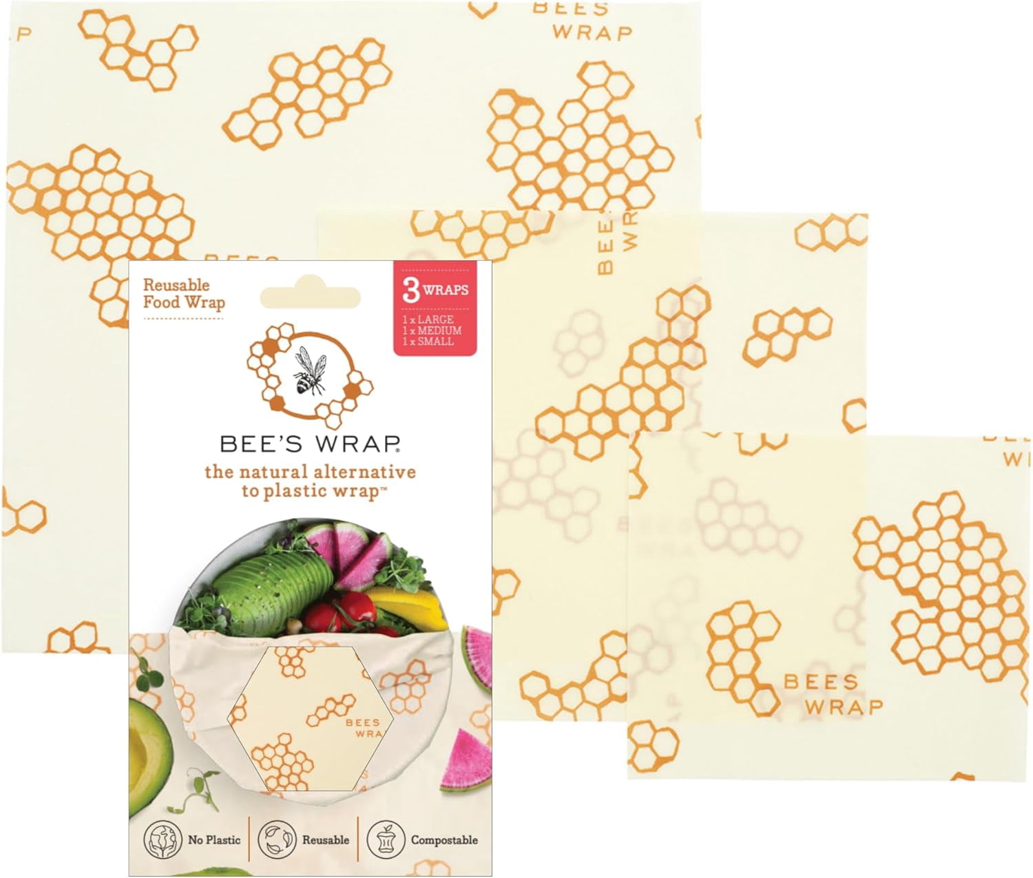 Beeswax Wraps for Food - Honeycomb Medium 3 Pack Made in USA Reusable ...
