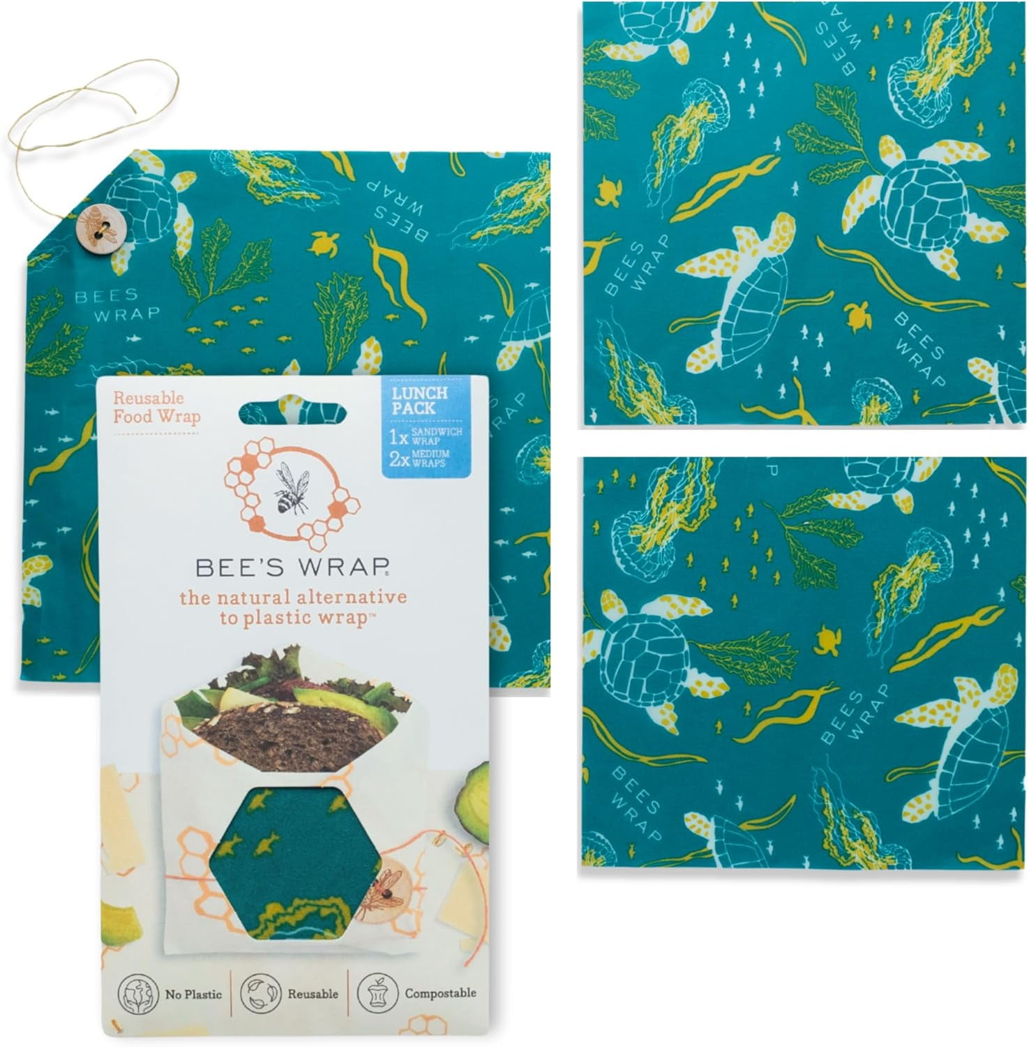 Beeswax Wraps for Food - Ocean 3 Pack (2M 1 Sandwich) Made in USA ...