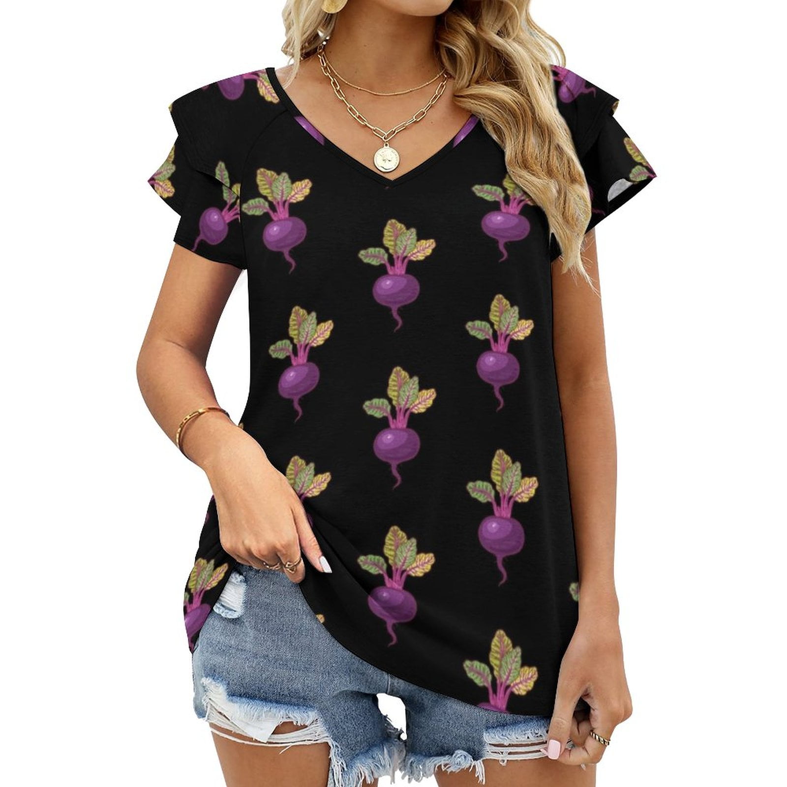 Beet Power Lotus Leaf Neck T-Shirt Long Sleeve Printed Fall T Shirts ...
