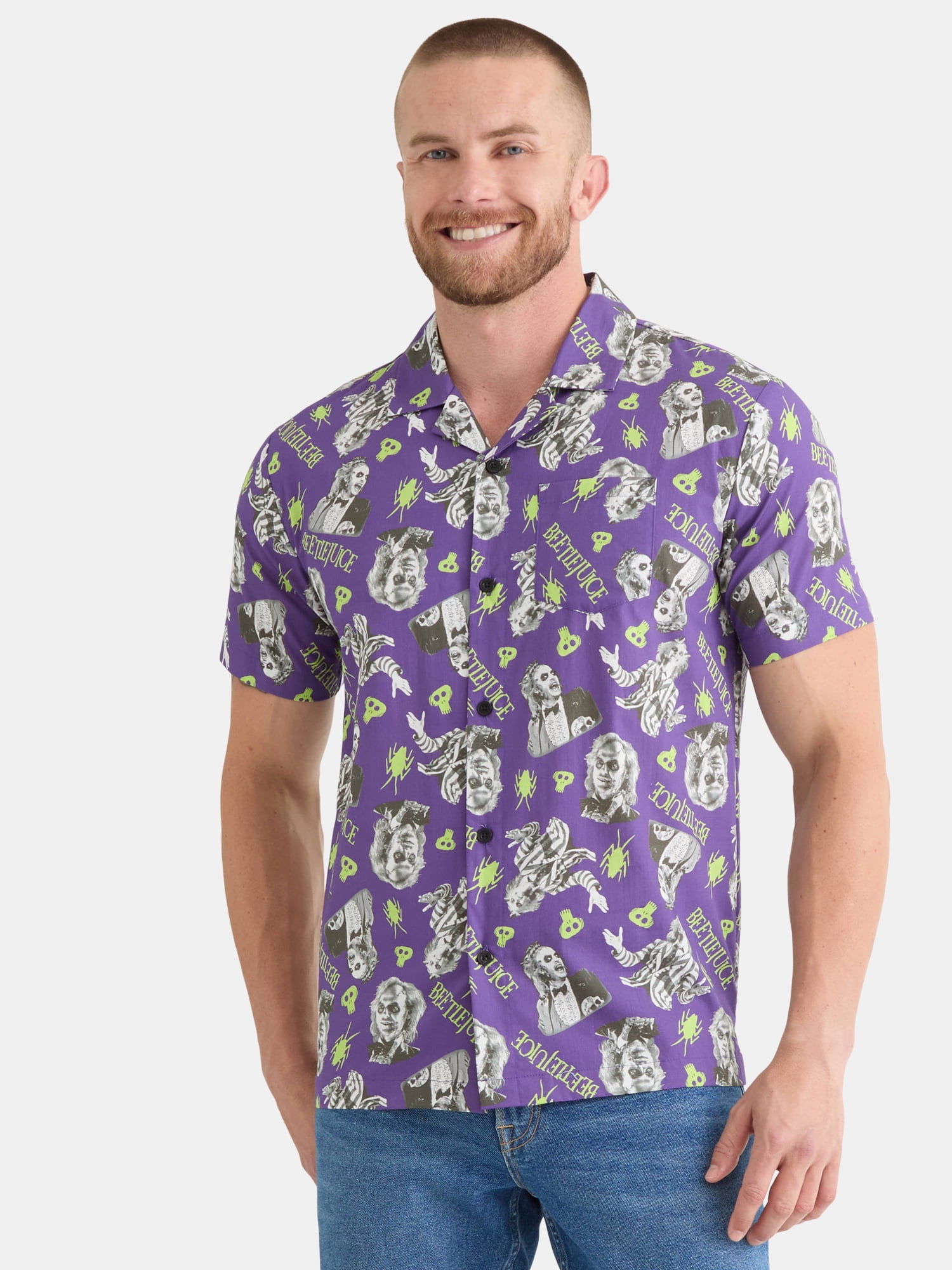 Beetlejuice Men's and Big Men's Print Button-Up Cotton Shirt with Short ...