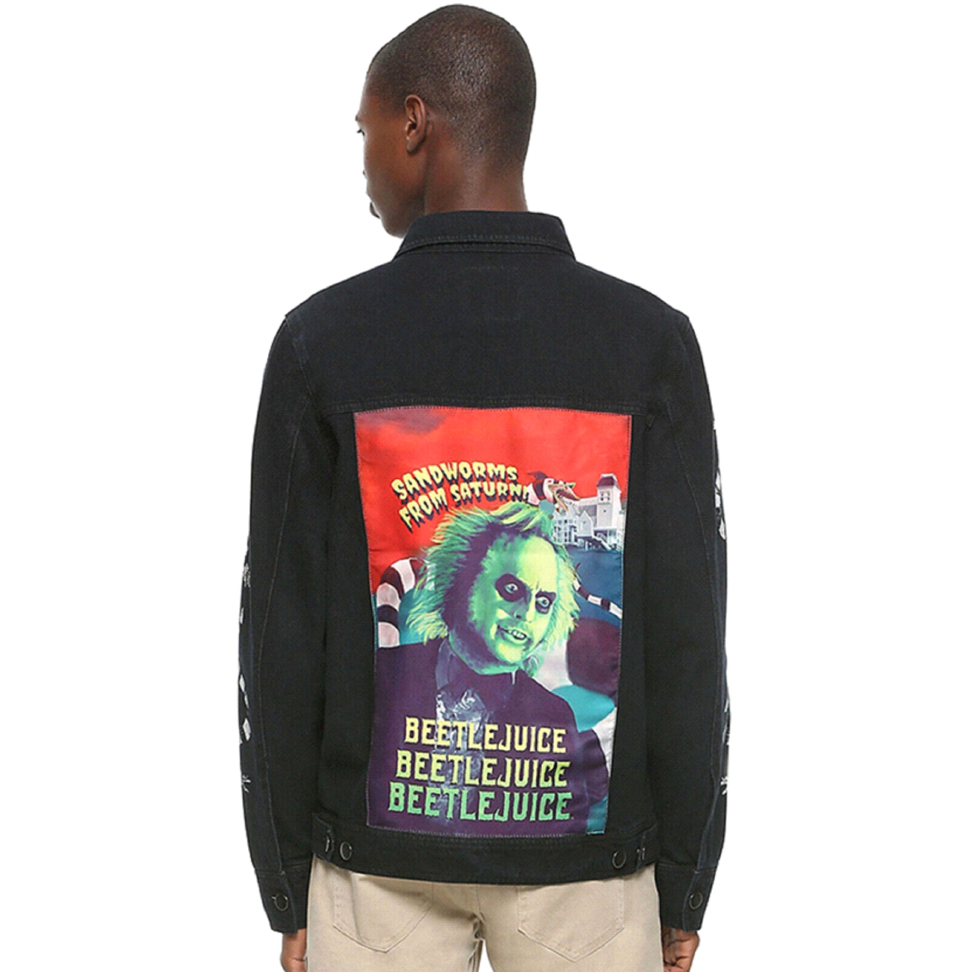 Beetlejuice Sandworms from Saturn Men's Black Denim Jacket - (XL ...