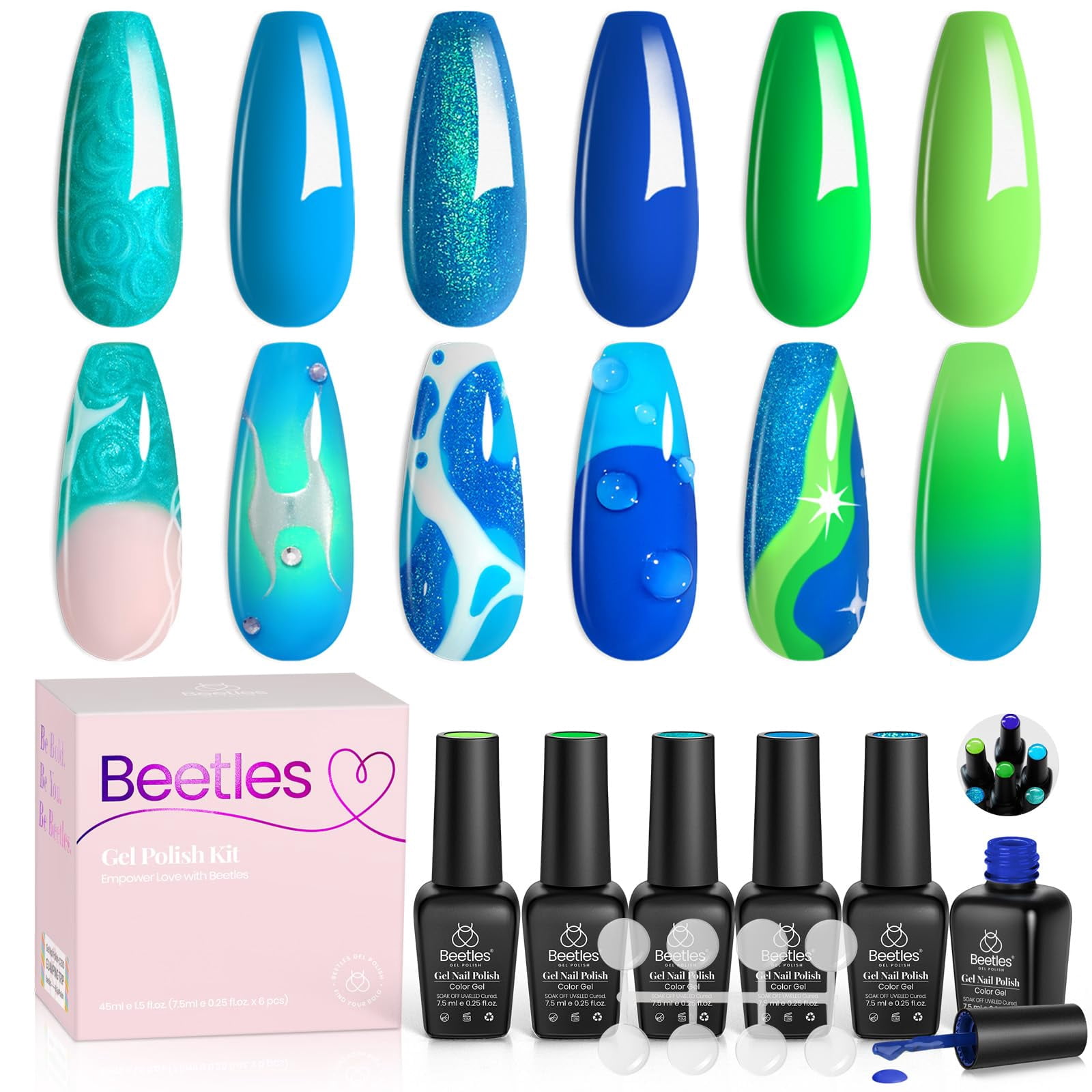 Beetles Blue Gel Nail Polish, 6 Colors Neon Green Pacific Blue Glitter ...